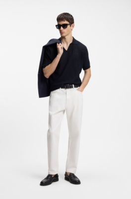 HUGO johnny-collar knit polo in a cotton-linen jacquard